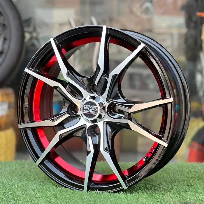 14 Inch Aftermarket Black Red and Silver Tornado Alloy Rim